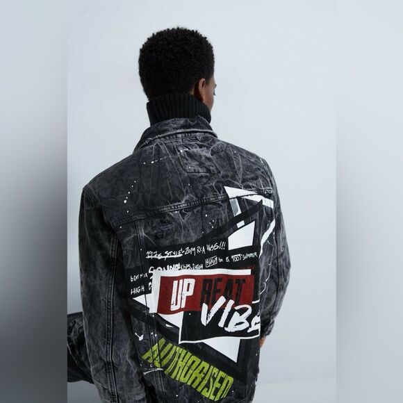 Zara | Jackets & Coats | Zaraman Graphic Denim Jacket With Upbeat Vibes ...